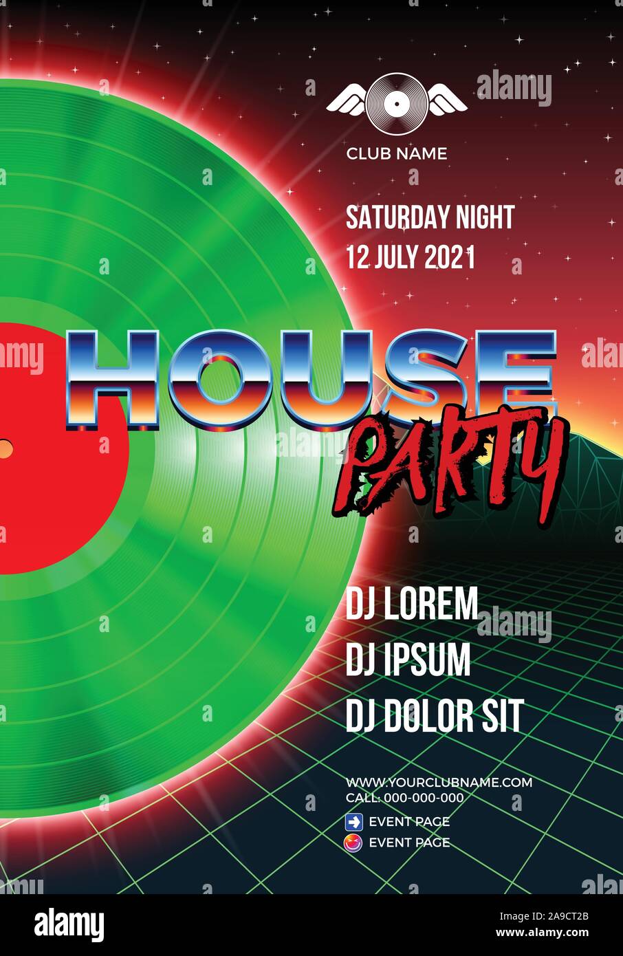 80s party poster with orange background and green vinyl lp for house ...