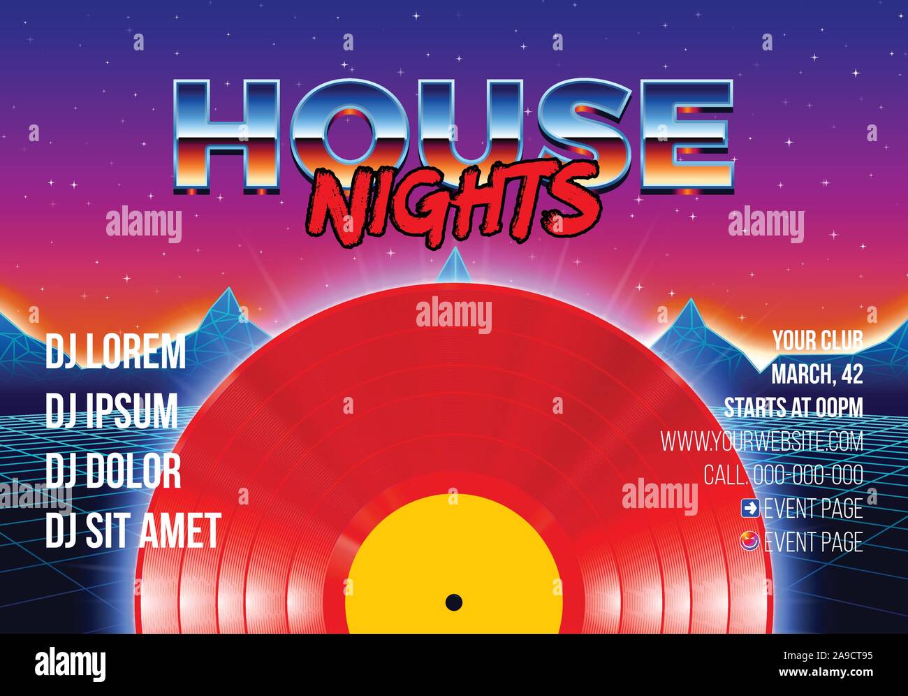 80s party poster with arcade styled background and red vinyl lp for ...