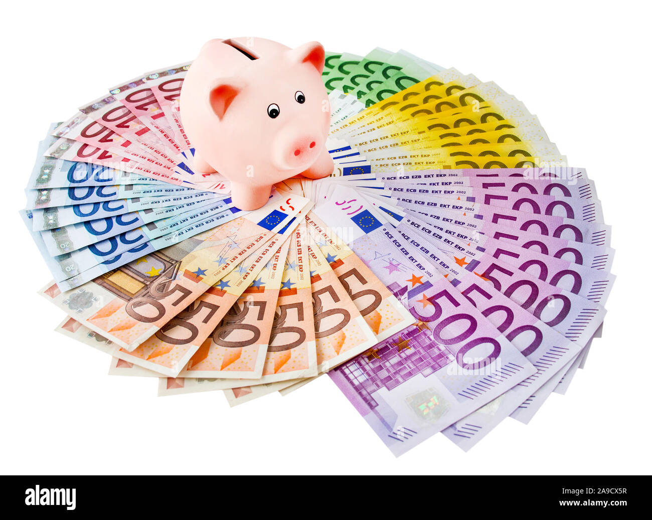 Euro and piggy bank against white background Stock Photo - Alamy