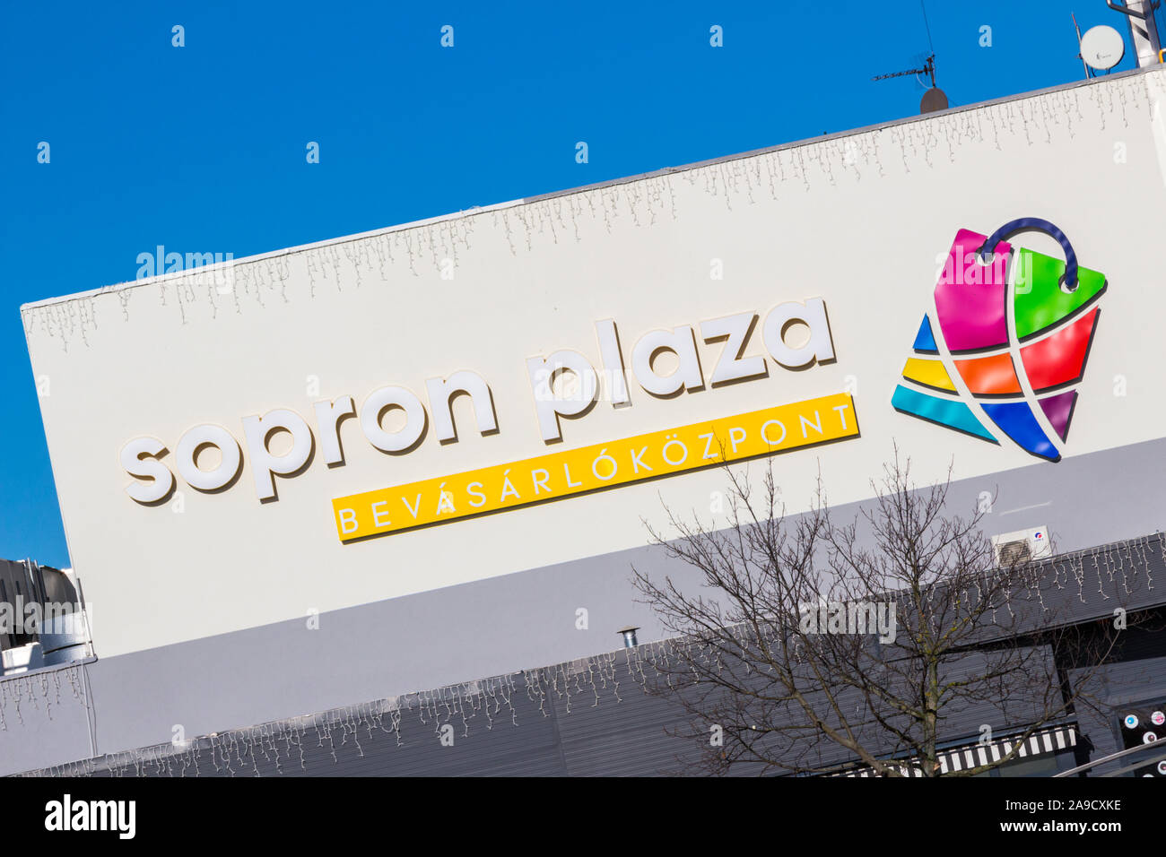 Sopron Plaza shopping centre center front sign, Sopron, Hungary Stock ...