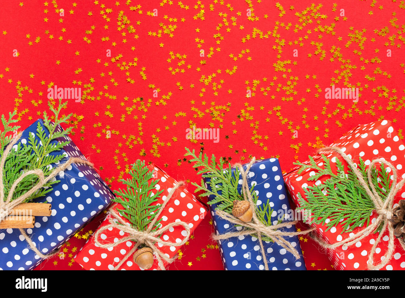 Red and blue gift boxes in polka dots with ribbon and bow and thuja ...