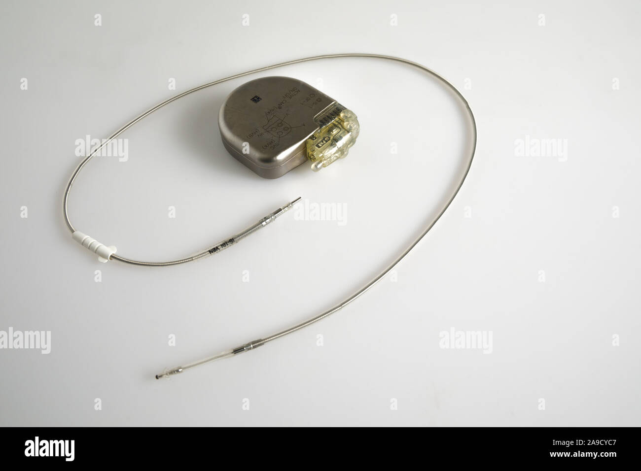 An Implantable Cardioverter Defibrillator or ICD pacemaker with leads ...
