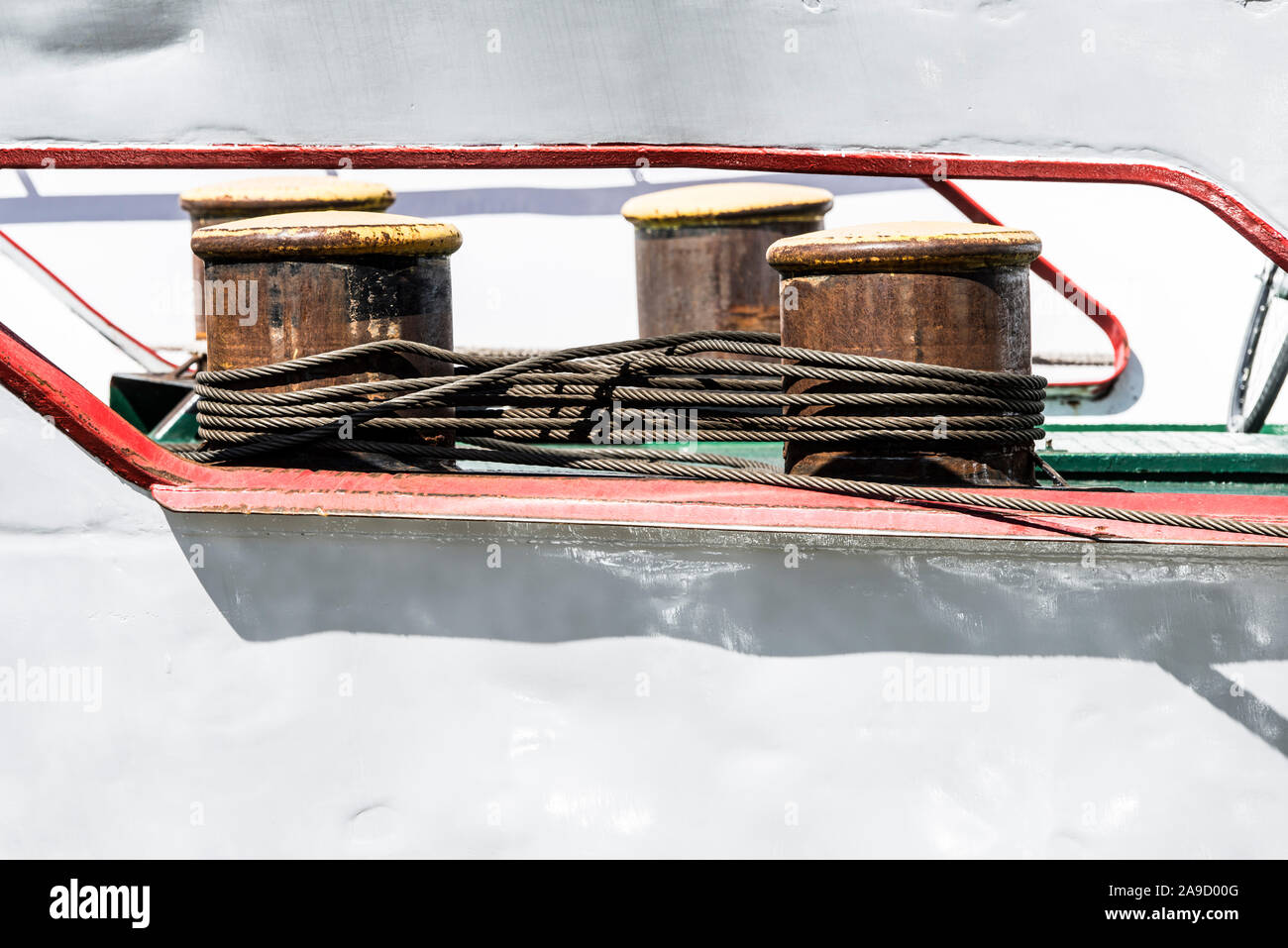 with steel ropes wrapped ship piles on an excursion steamer in Passau ...