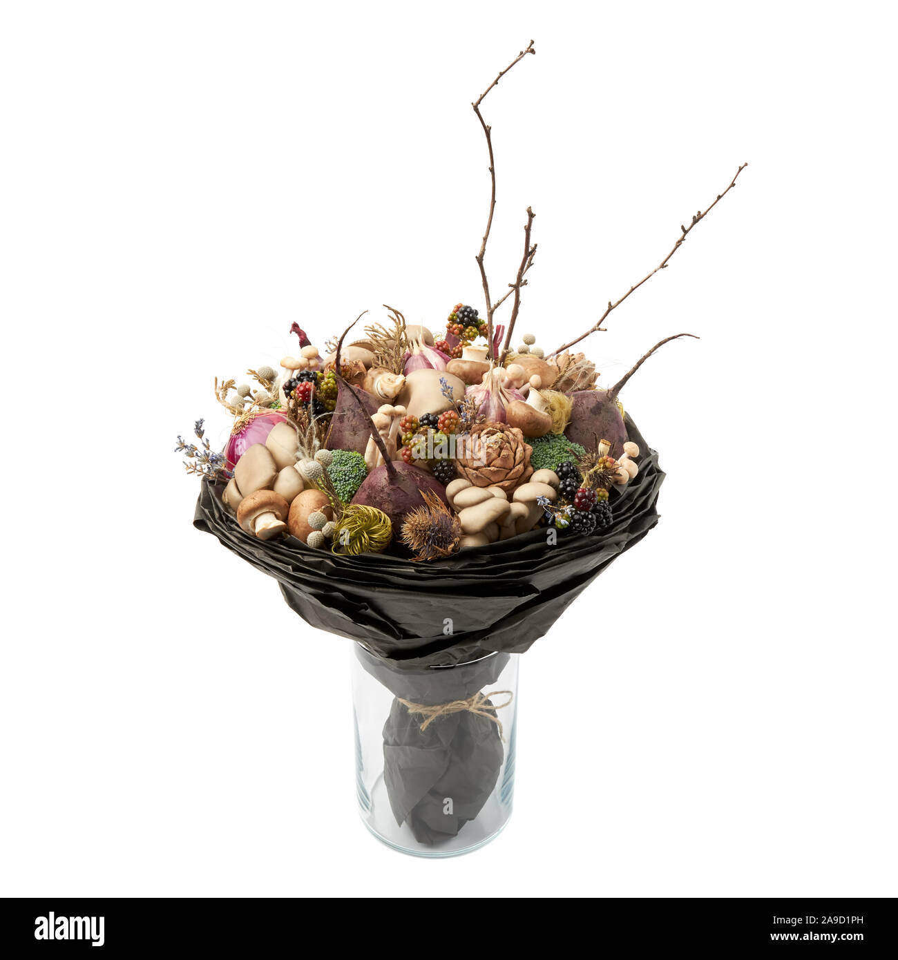 Set of different vegetables packaged in the shape of a bouquet standing ...