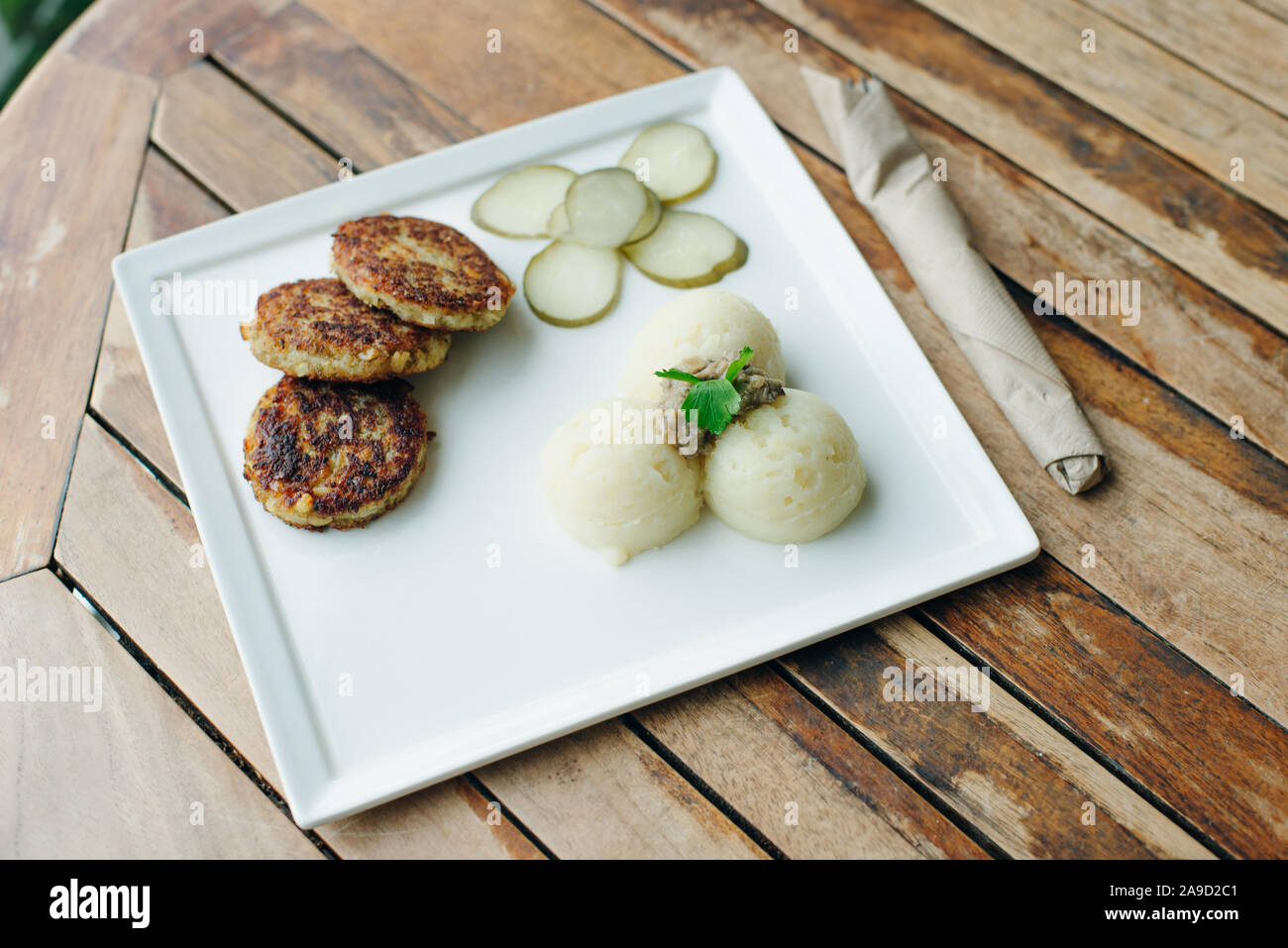 vegetarian cutlets with mashed potatoes and pickles Stock Photo - Alamy