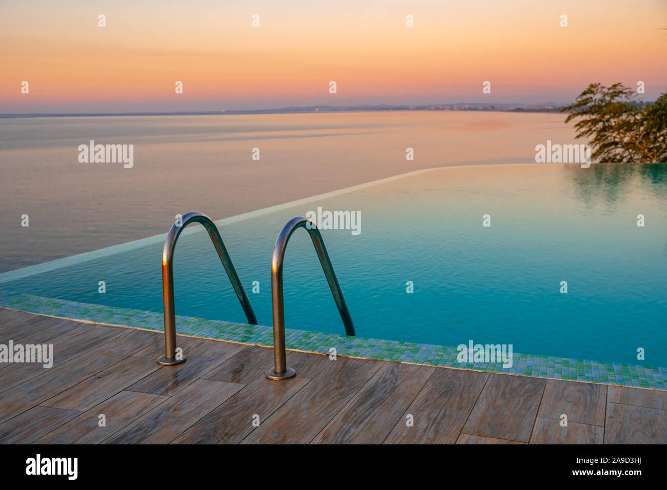 Infinity Edge Swimming Pool Water, Beautiful Black Sea View at sunset ...