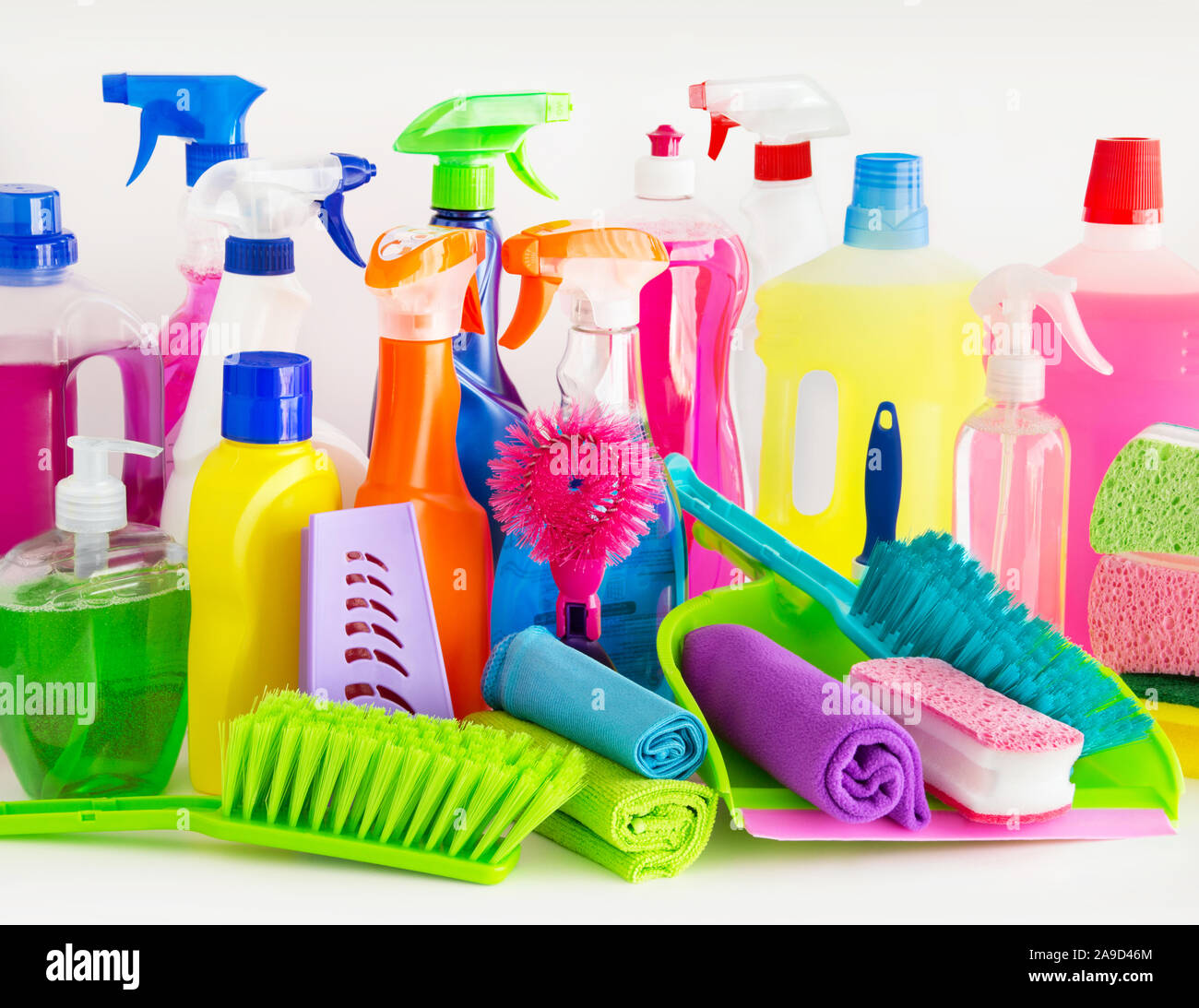 Various colorful cleaning products and household supplies Stock Photo ...