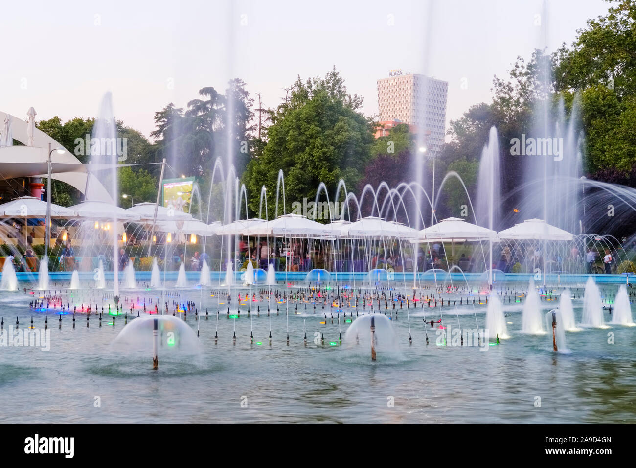 Fountains and café of Taiwan, Rinia park, Tirana, Tiranë, Albania Stock ...