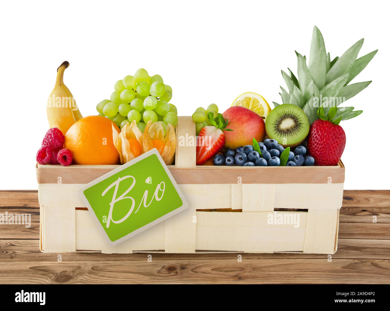 Bio organic fruits and basket Stock Photo - Alamy