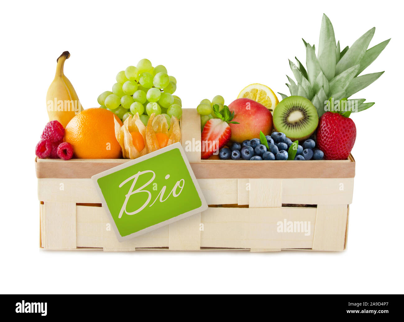 Organic selection of fruits and basket with Bio sign Stock Photo - Alamy
