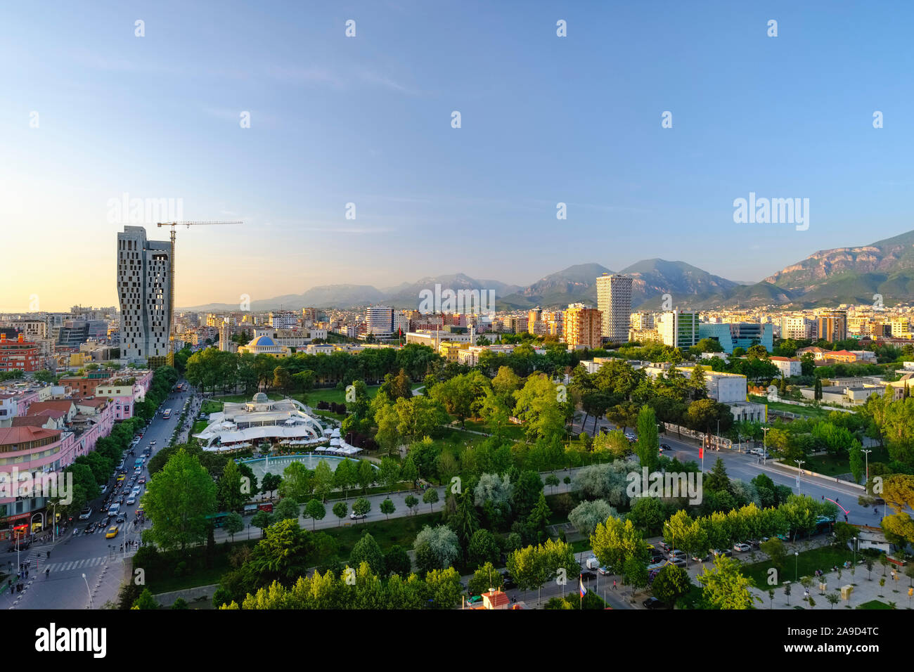Rinia park and city centre, view of the Sky Tower, Tirana, Albania ...