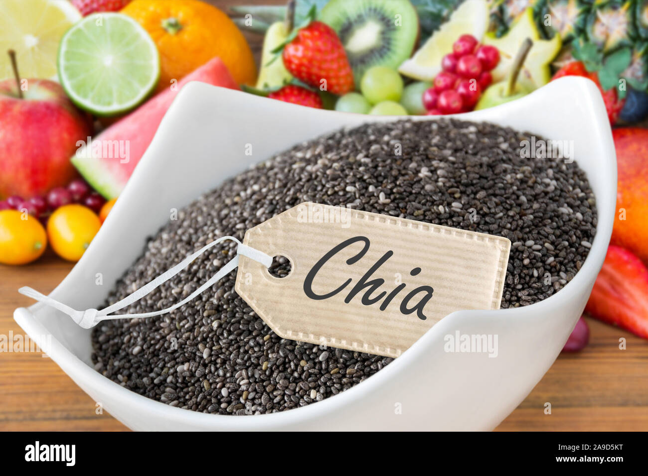 Chia seeds fruits and label Stock Photo - Alamy