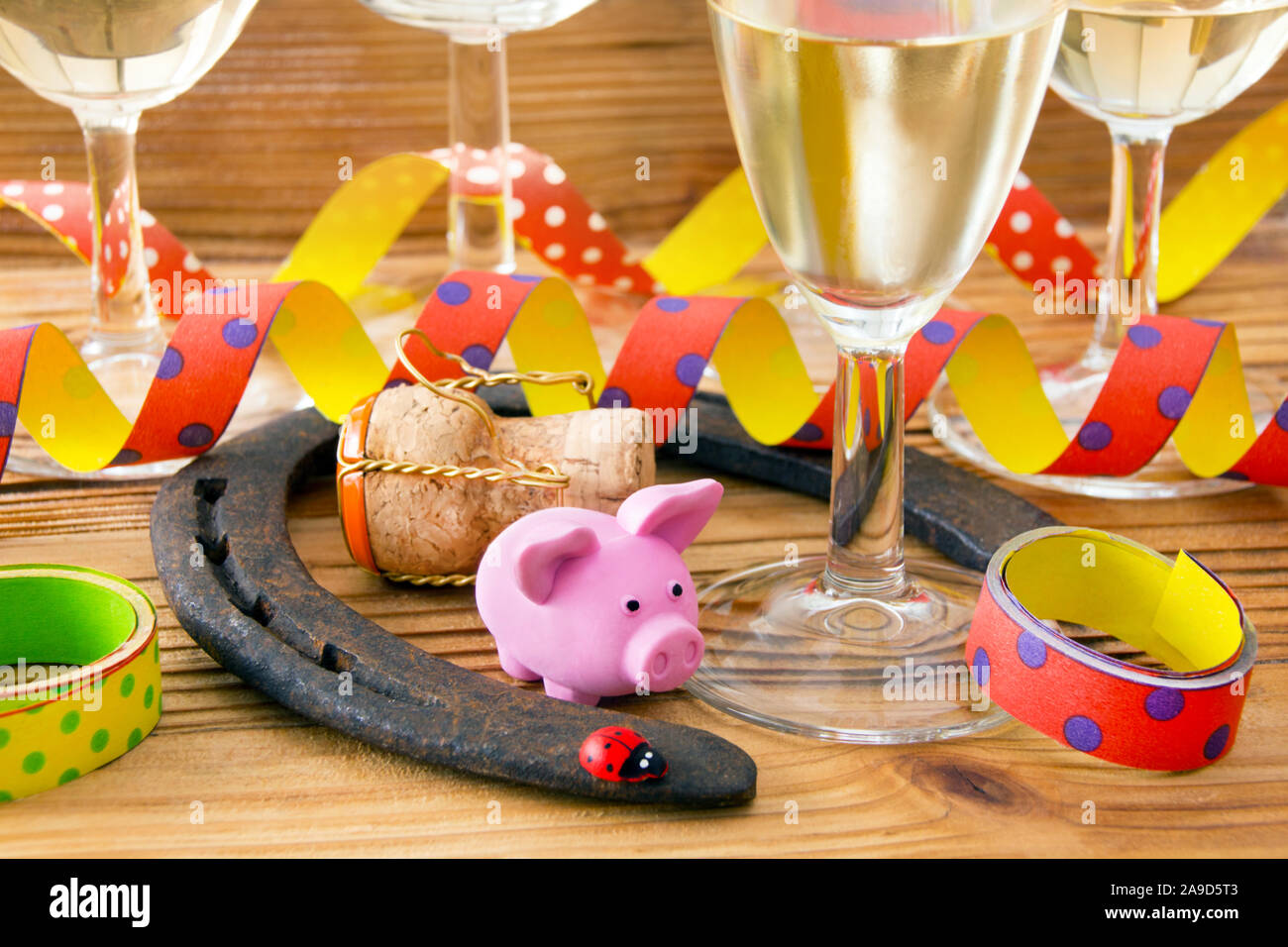 Party decoration with luck symbols Stock Photo - Alamy
