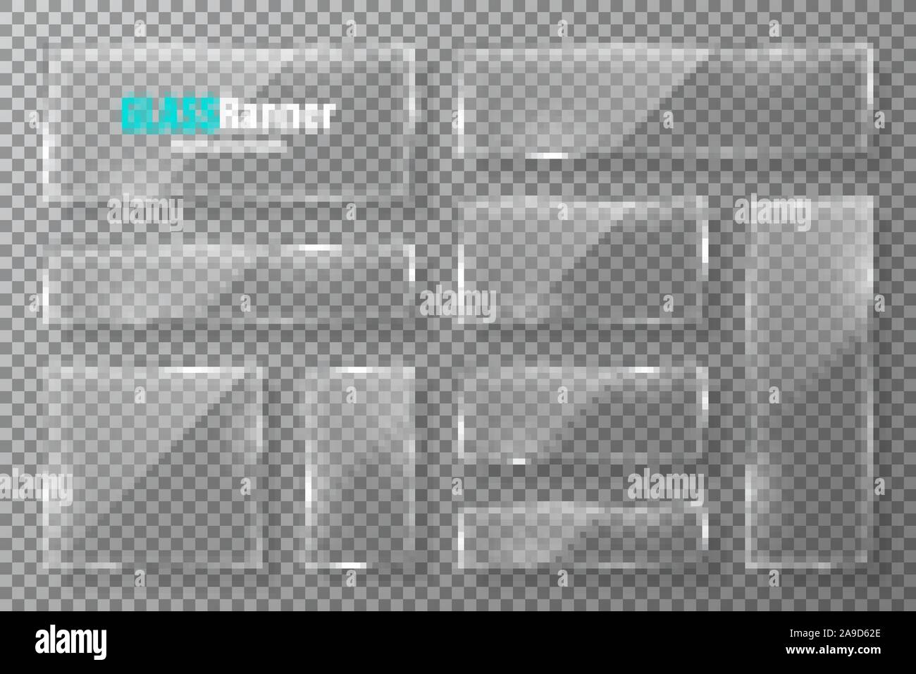 Glass frames collection. Realistic transparent glass banner with glare ...