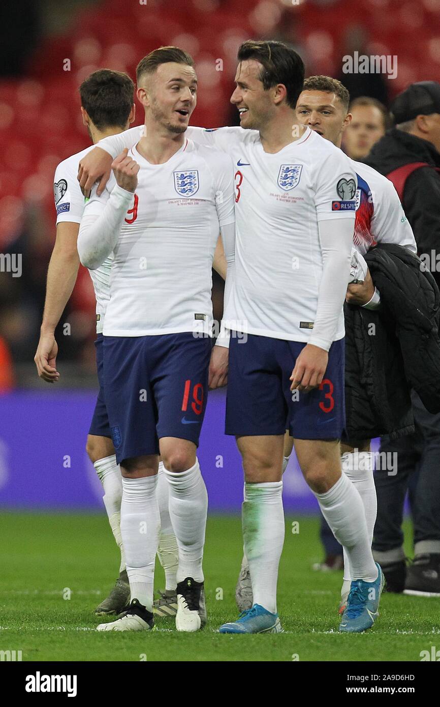 London, UK. 14th Nov, 2019. James Maddison and Ben Chilwell of England ...