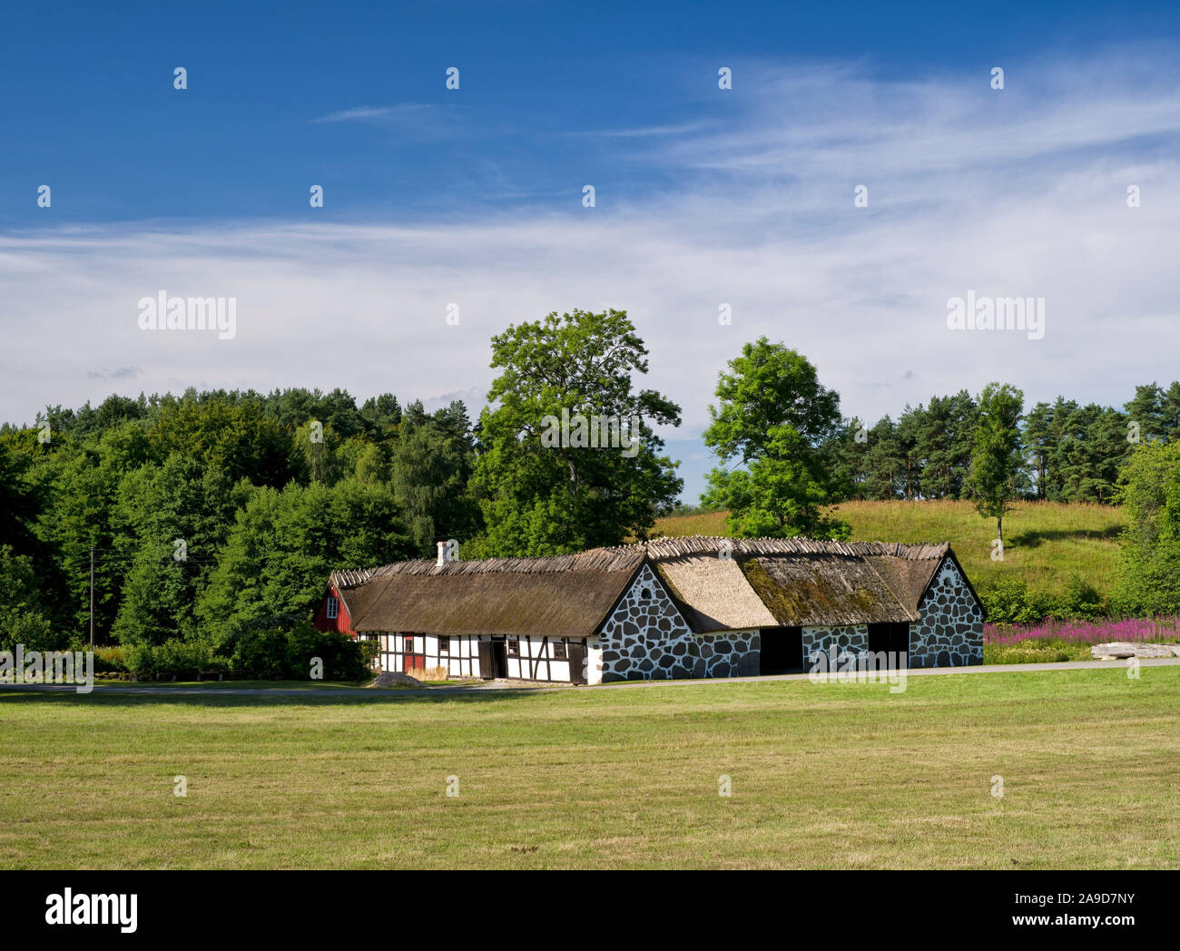 Sweden, Scania, Glimmebodagarden Farm with thatched roof near Brösarp ...