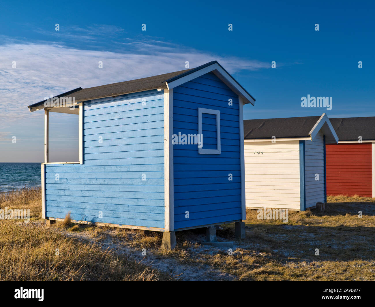 Sweden, Scania, Falsterbo peninsula, colourful beach huts near Skanör ...