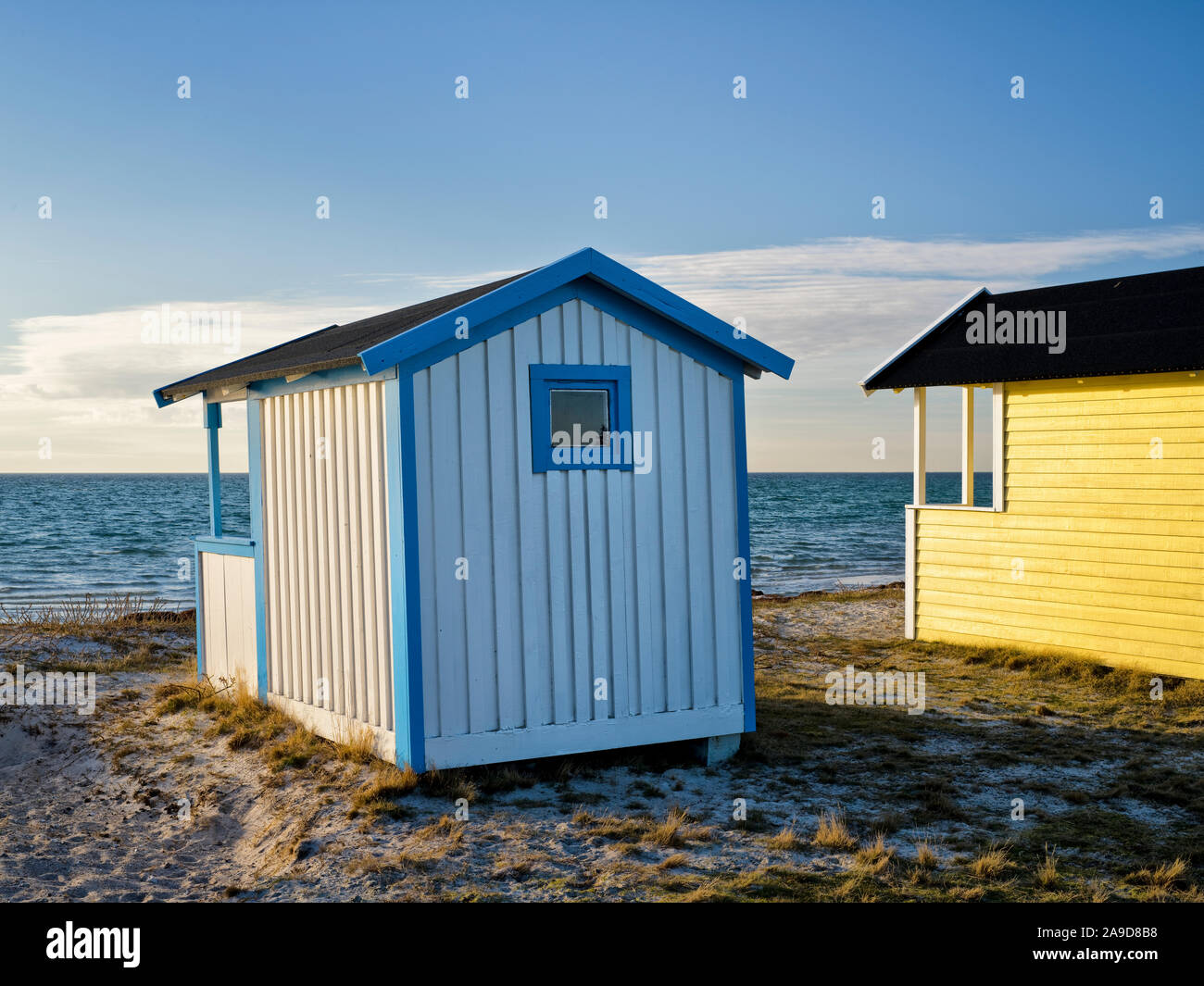 Sweden, Scania, Falsterbo peninsula, colourful beach huts near Skanör ...