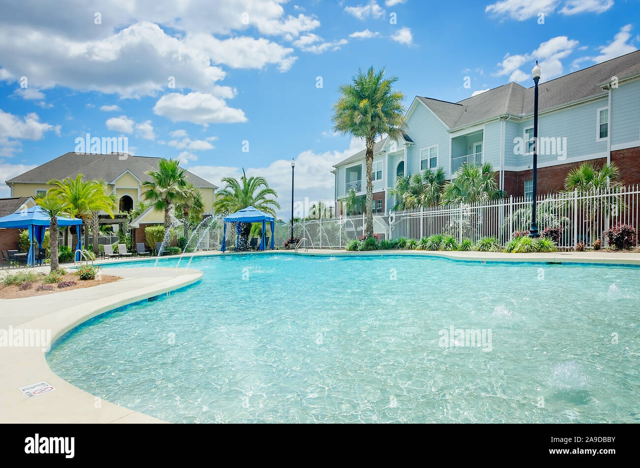 A large, curvy built-in zero entry swimming pool is a focal point for ...