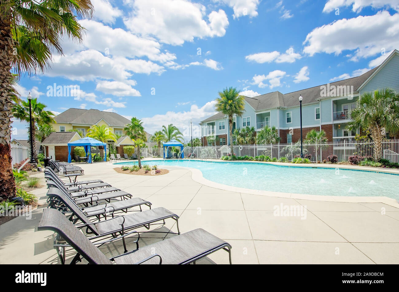 A large, curvy built-in zero entry swimming pool is a focal point for ...