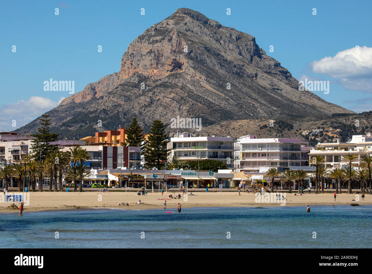 Javea, Spain - April 9th 2019: View of the Arenal beach and the ...