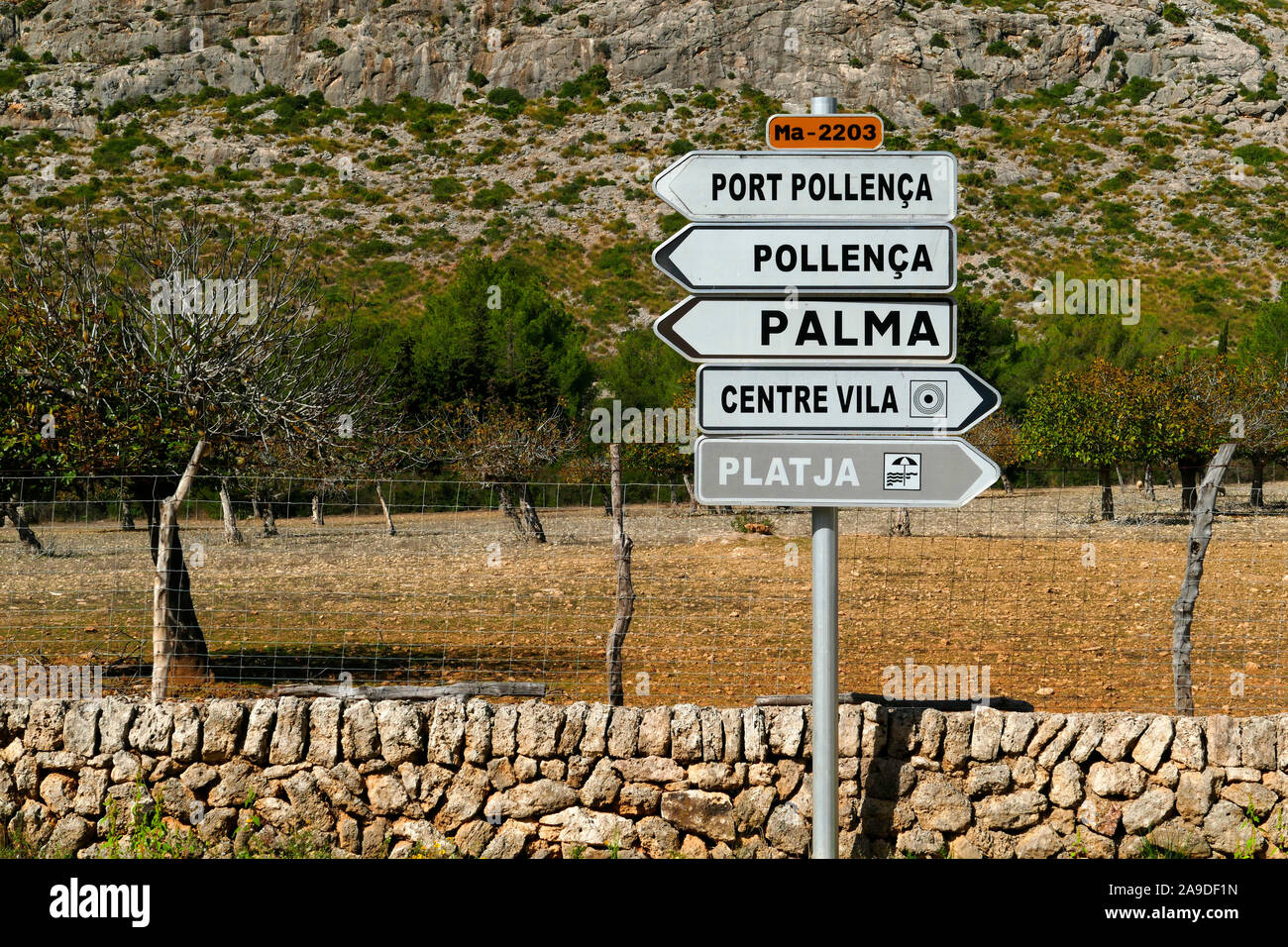 Traffic signs in Catalan in Cala San Vicente, Mallorca, Balearic ...