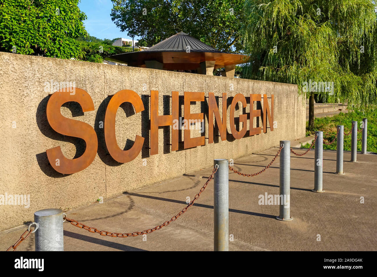Lettering at pier, Schengen, canton Remich, Moselle valley, Luxembourg ...
