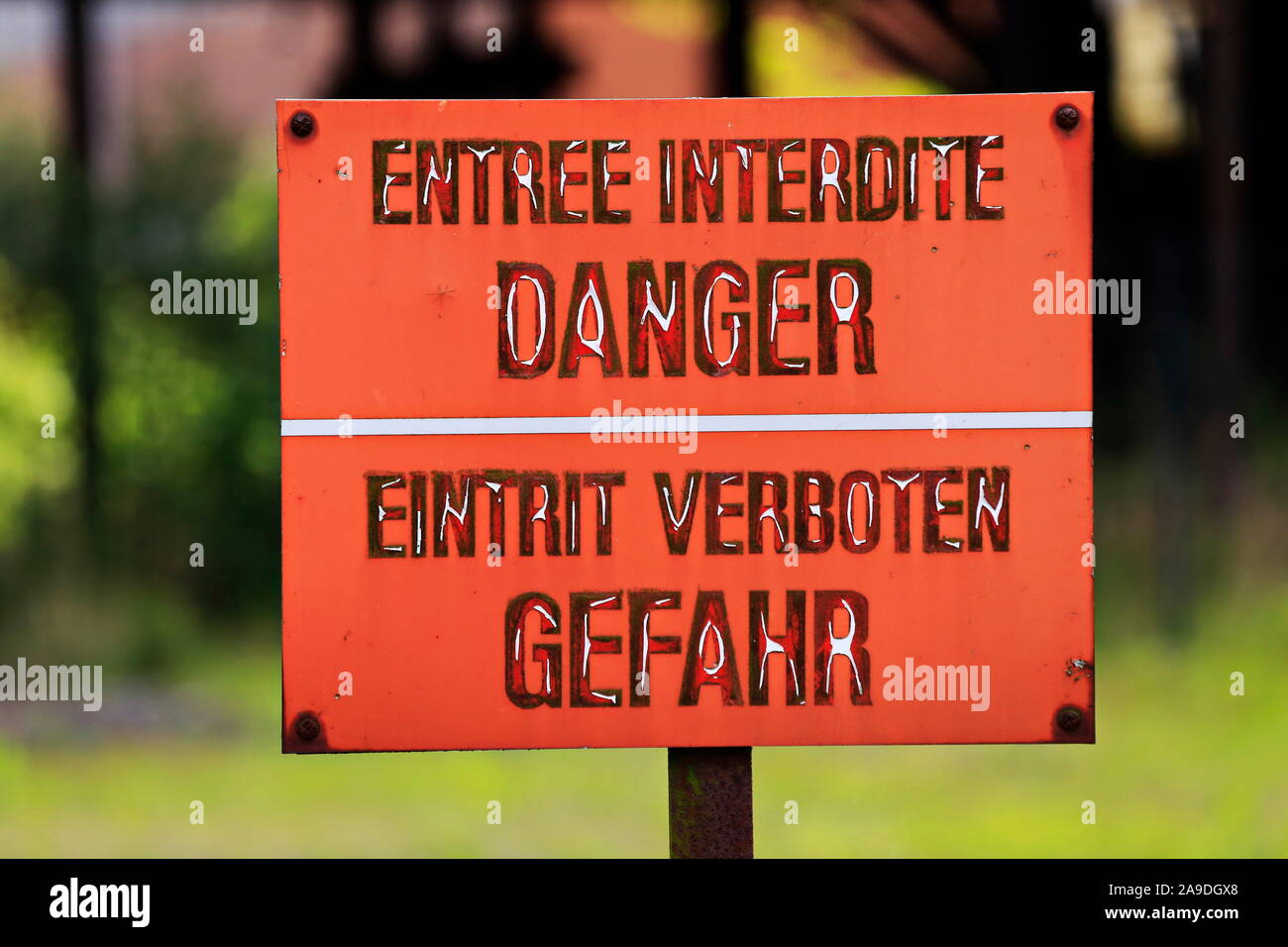 Warning sign in front of the Mine Museum Musée Les Mineurs Wendel in ...