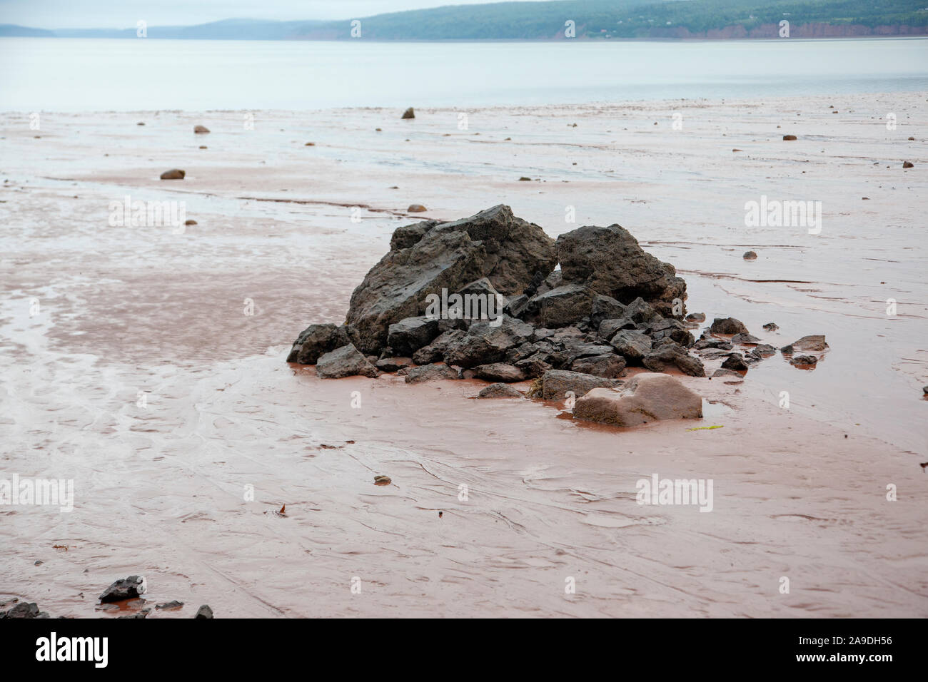 boulders that have fallen into the muddy ocean Stock Photo - Alamy