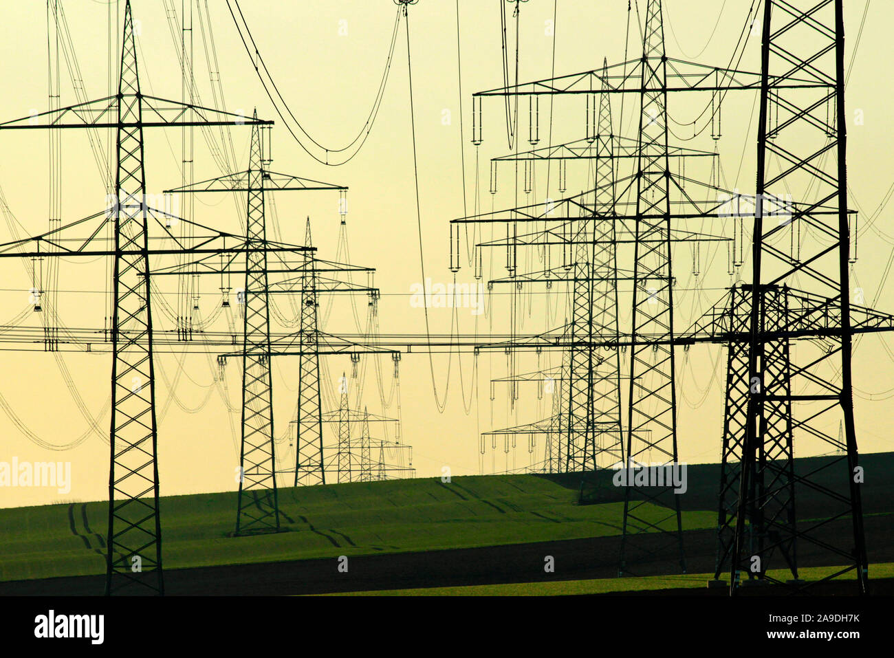 High voltage power lines in the morning light, Niederaussem, North ...