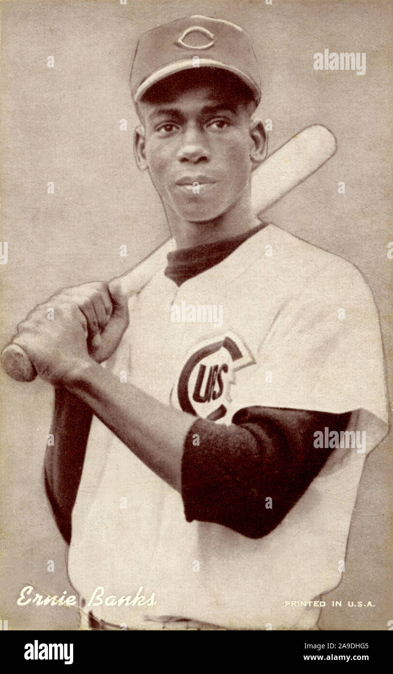 Vintage black and white Exhibit Baseball Card of a young Ernie Banks ...