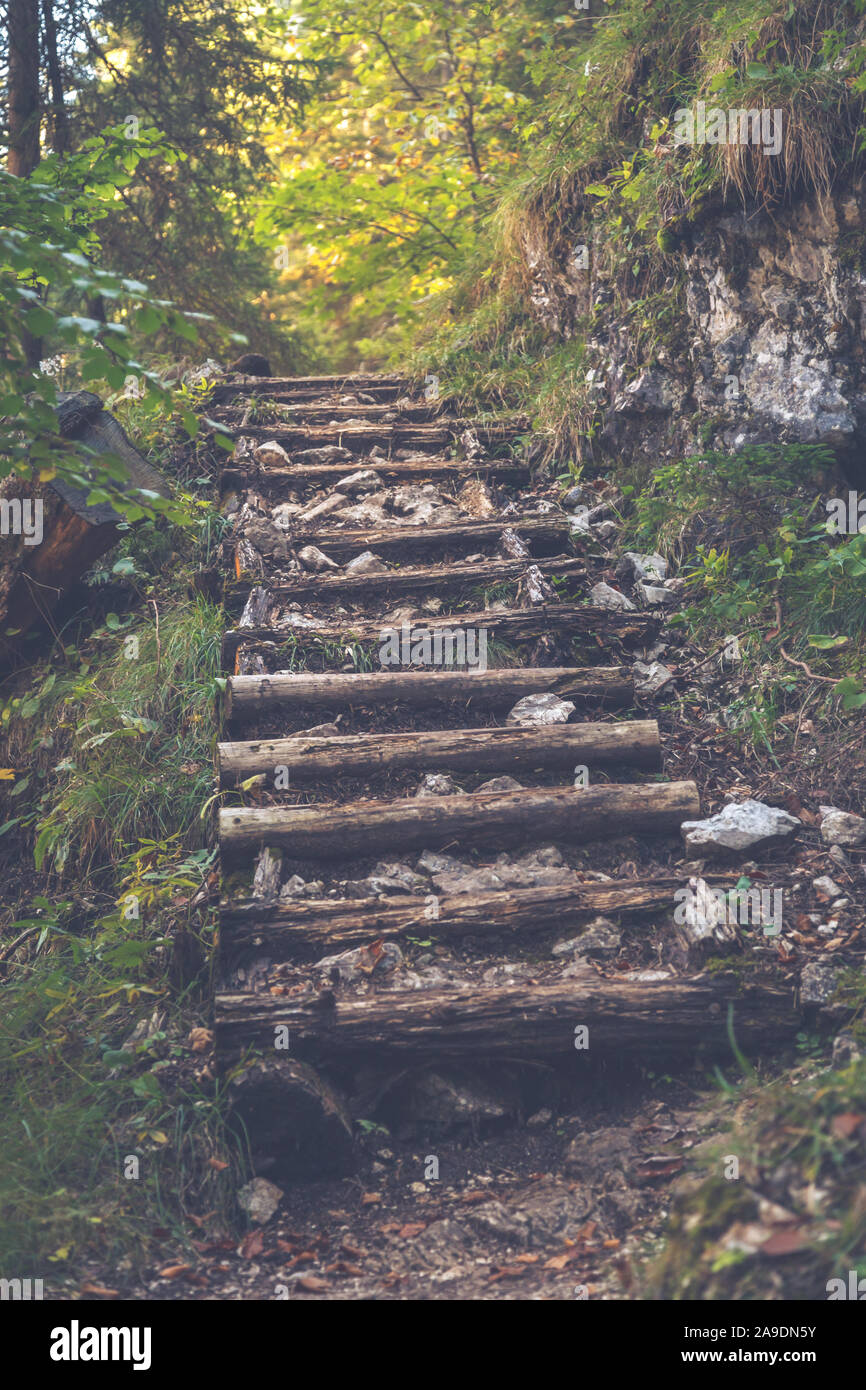 Summit tour - a staircase, weathered and made of natural materials ...