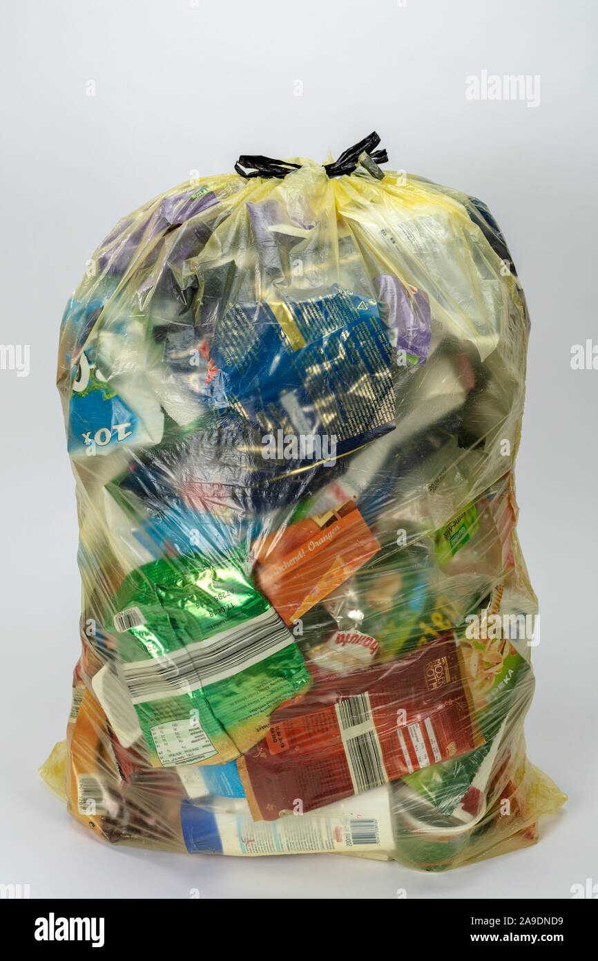 Yellow sack fully tied, back side without inscription, waste separation ...