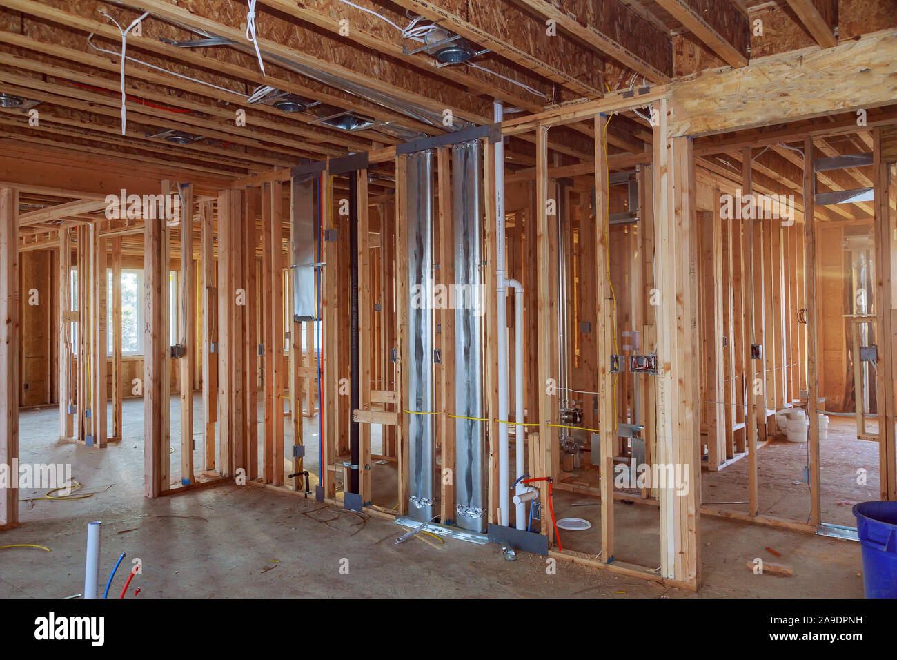 A new home under construction interior inside a house frame Stock Photo ...