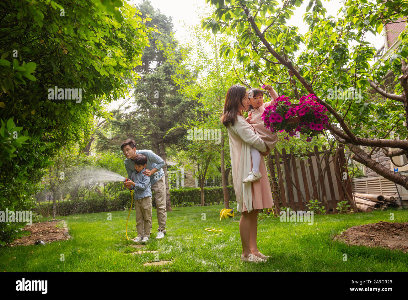 Happy family playing in the courtyard Stock Photo - Alamy