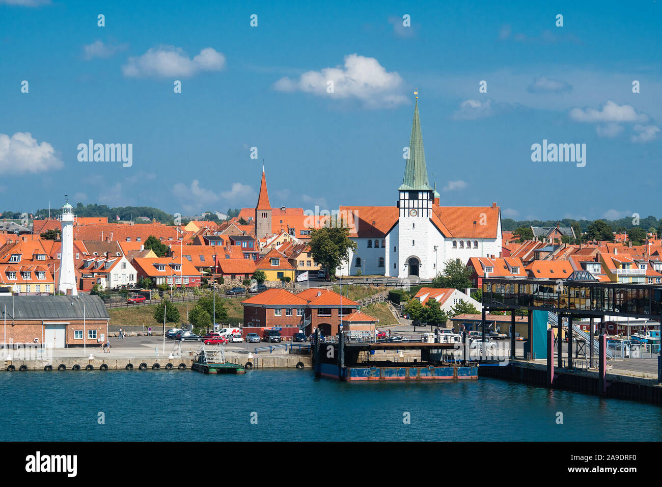 Bornholm, Rønne, ferry port, old town view, church, lighthouse Stock ...