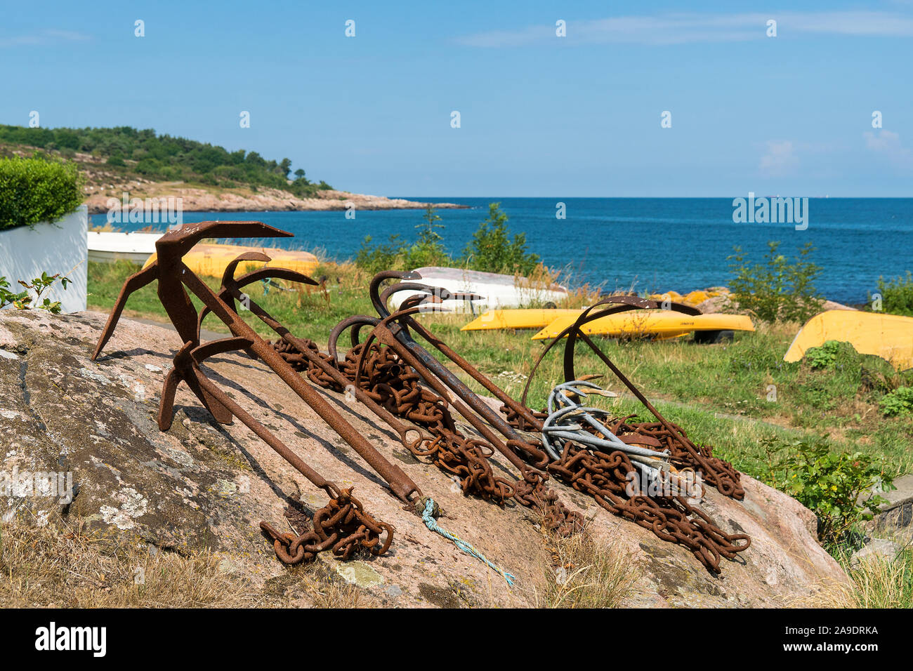 Bornholm, Sandvik, harbor, anchor and boats Stock Photo - Alamy