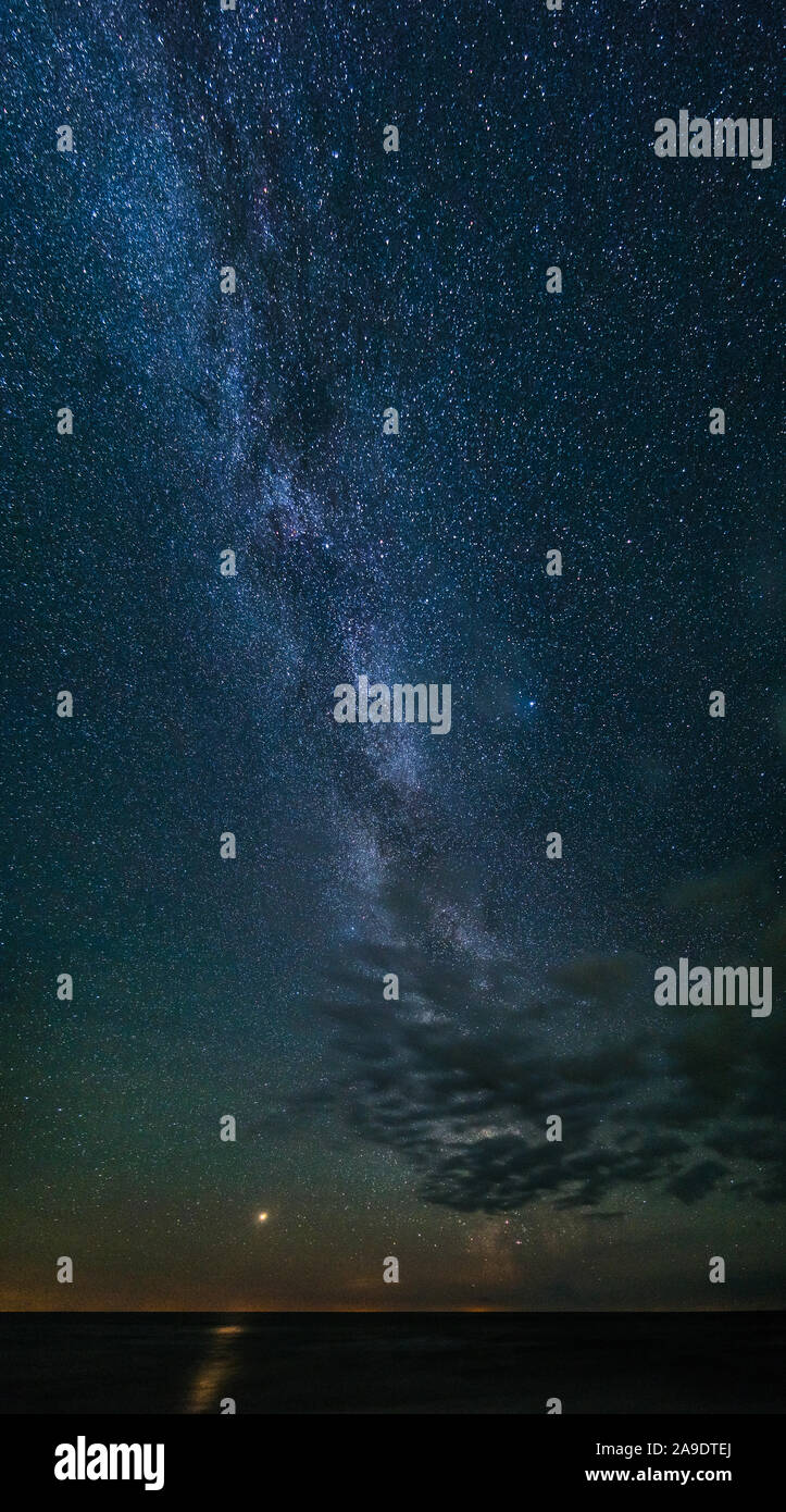 Panorama, Bornholm, beach at night, Milky Way with galactic center ...
