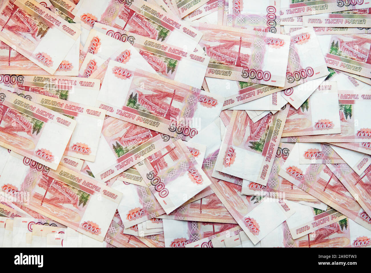 background of Bank of Russia notes. Paper Russian money. Banknotes ...