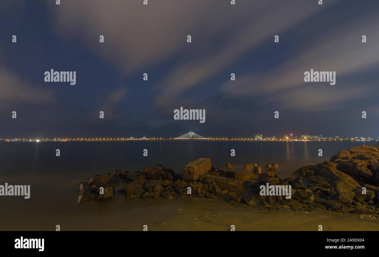 Bandra-Worli Sea link Bridge seen post Sunset from Dadar Beach,Mumbai ...