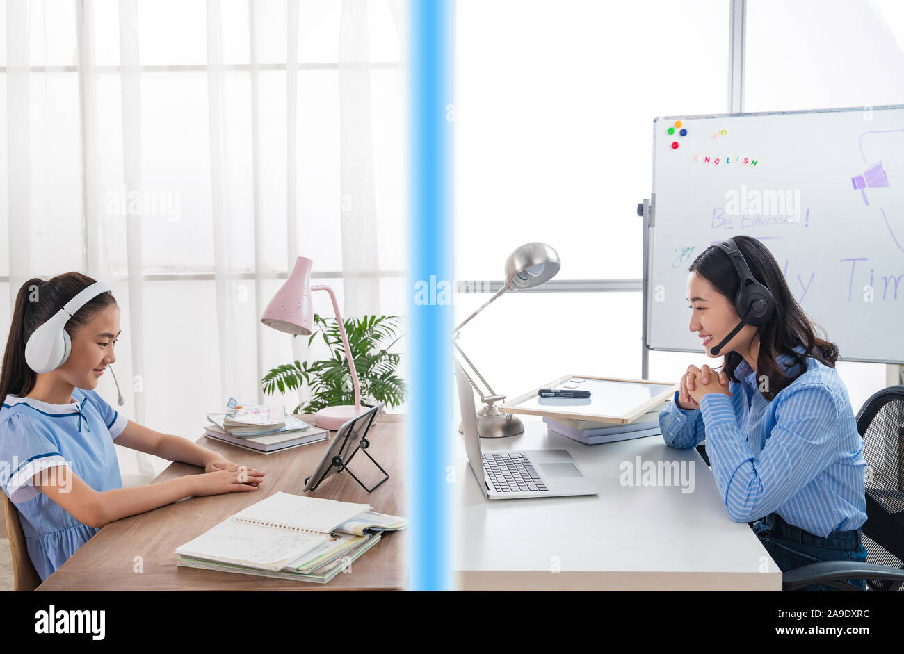 The teacher and students one-on-one online education Stock Photo - Alamy