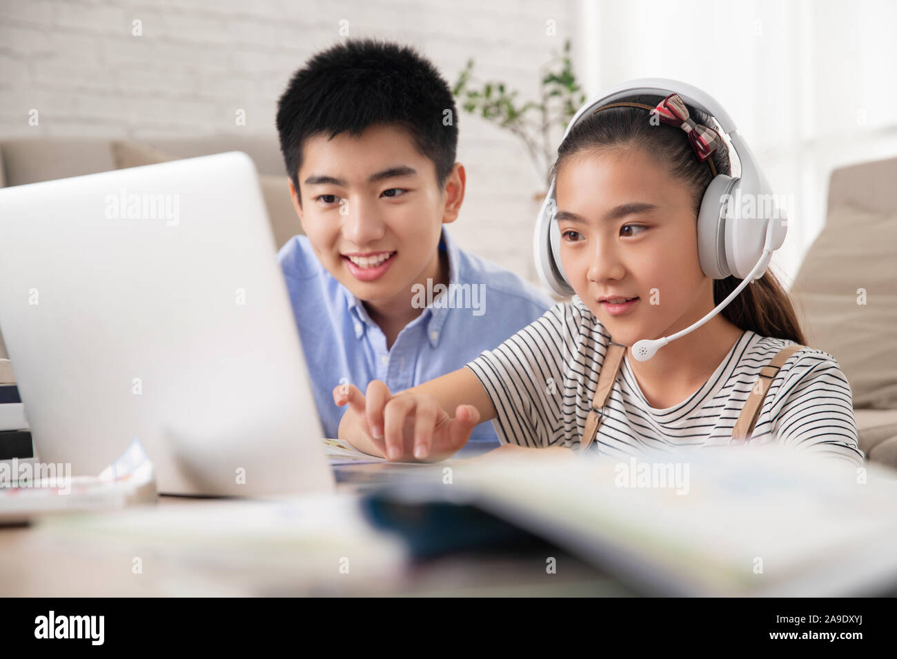 Students look at the computer online learning Stock Photo - Alamy