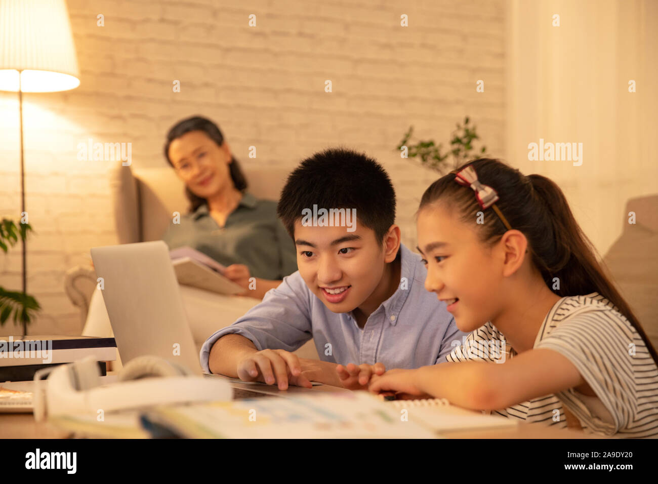 Students look at the computer online learning Stock Photo - Alamy