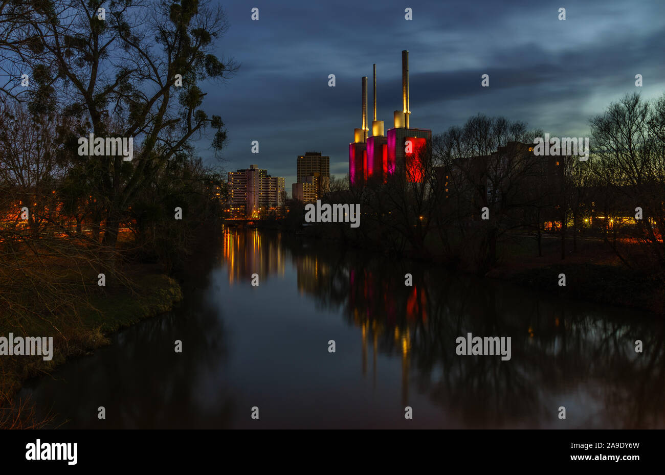 Illuminated cogeneration plant linden in hannover at the blue hour hi ...