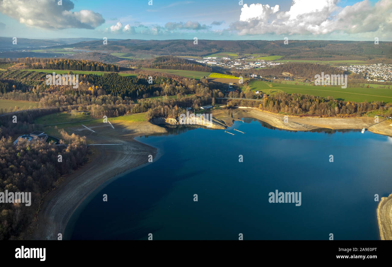 Aerial shots, low water, Hennesee, reservoir, Berghausen, Meschede ...