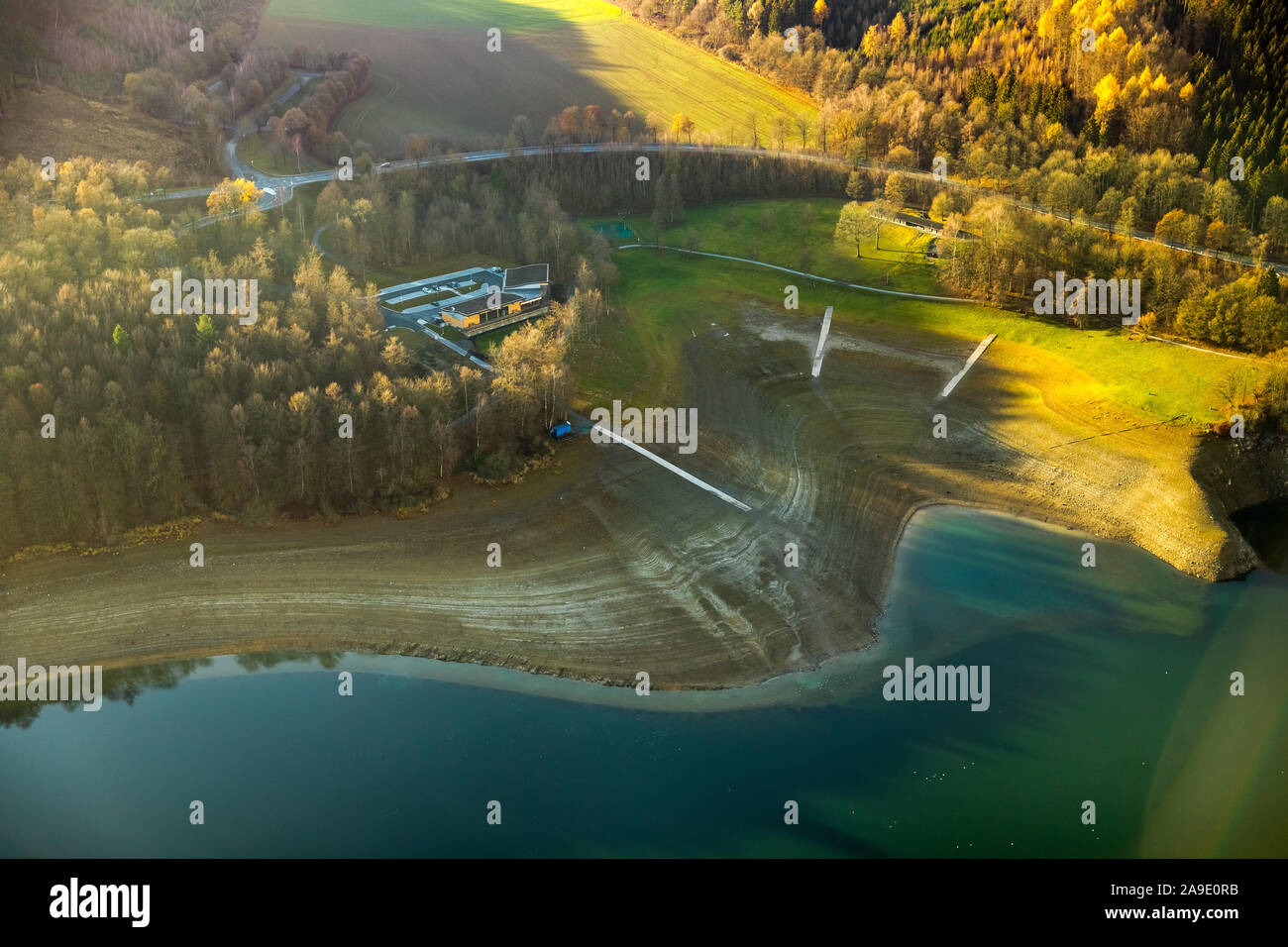 Aerial shots, low water, Hennesee, reservoir, Berghausen, Meschede ...