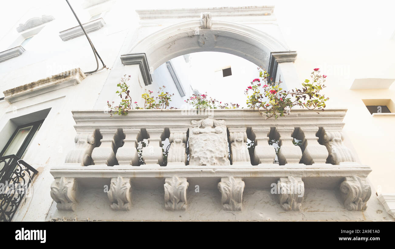 A balcony with pillars in a stucco-decorated wall of a house in ...