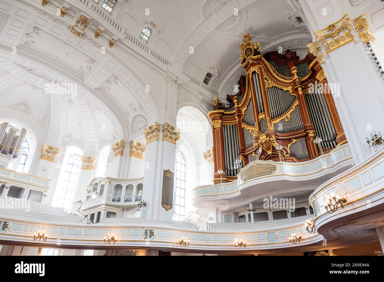 Europe, Germany, Hamburg. Main organ (Steinmeyer organ) and interior of ...