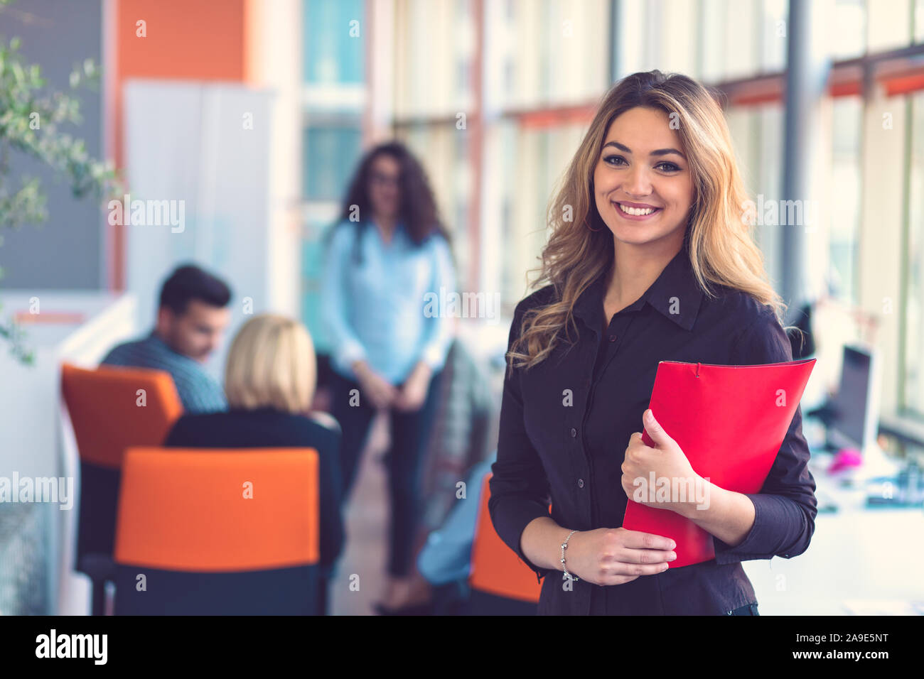 Business woman with folders standing and team mates working in meeting ...