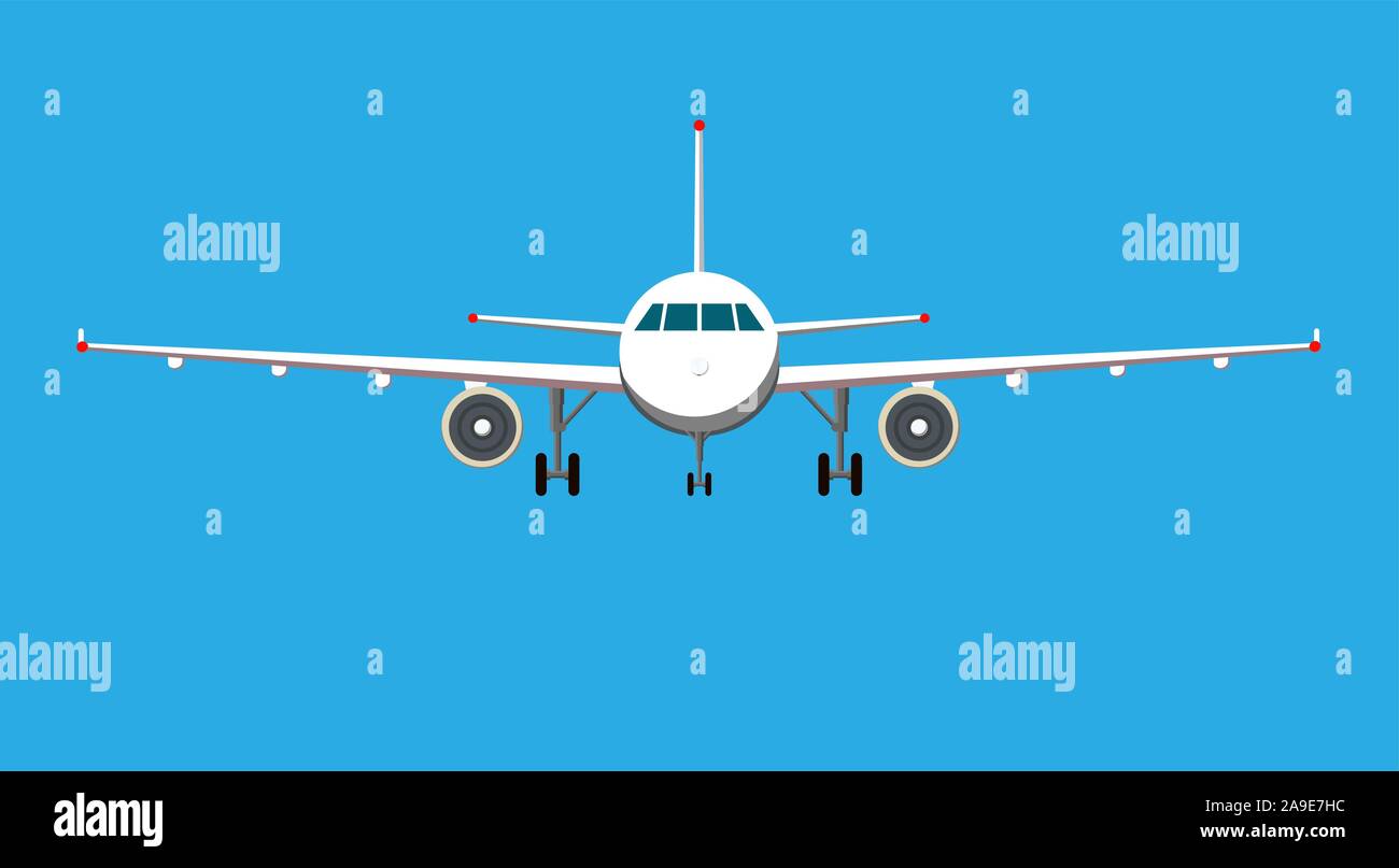 Airplane on blue background. Plane flying in the sky. Front view Stock ...